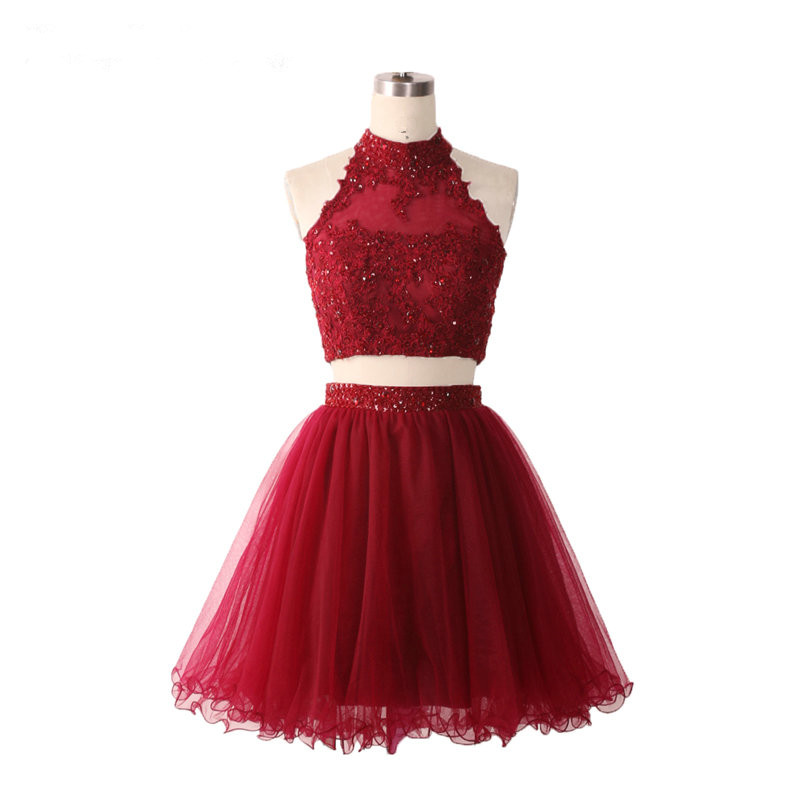 Beaded Two Piece Homecoming Dresses Short Ball Gown Tulle Mini Cocktail ...