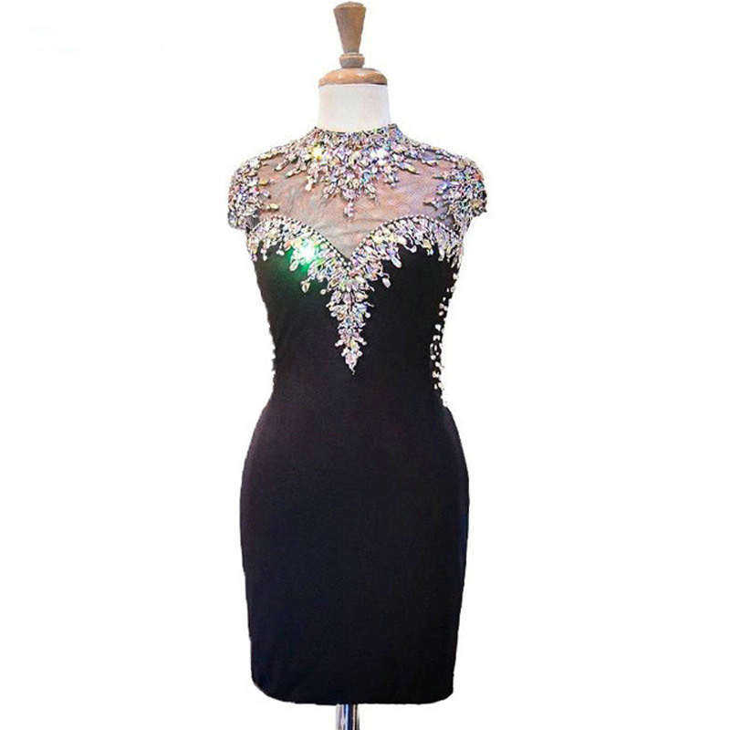 Black Elegant Cocktail Sheath Cap Sleeves Short Mini Beaded Crystals ...